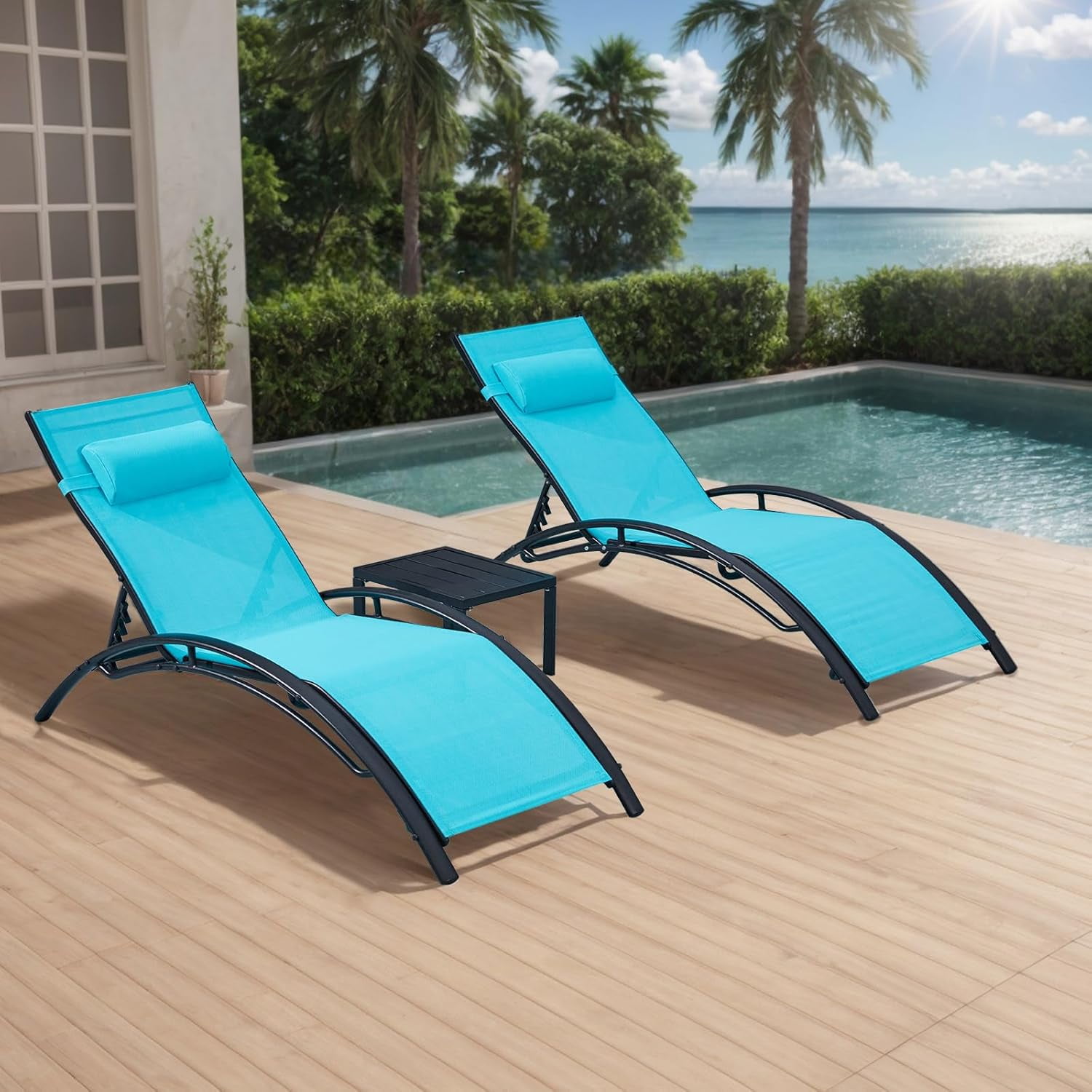 Pool Chaise Lounge Chairs, Patio Chaise Lounge Set of 3 with Pillow ...