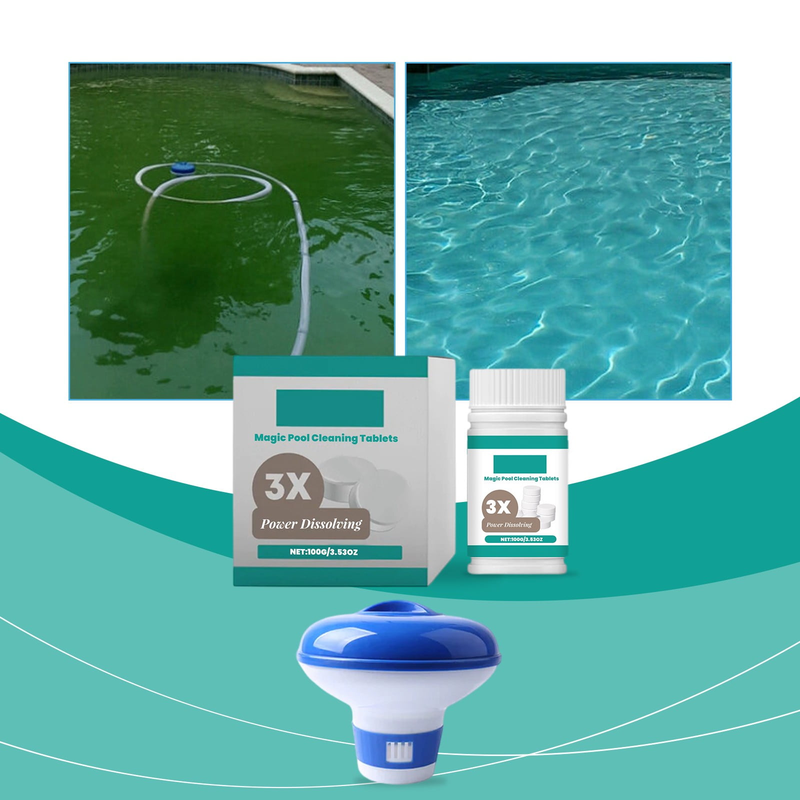 Pool Cleaning Tablets 3X Power Dissolving with Floating Dispenser, Fast ...