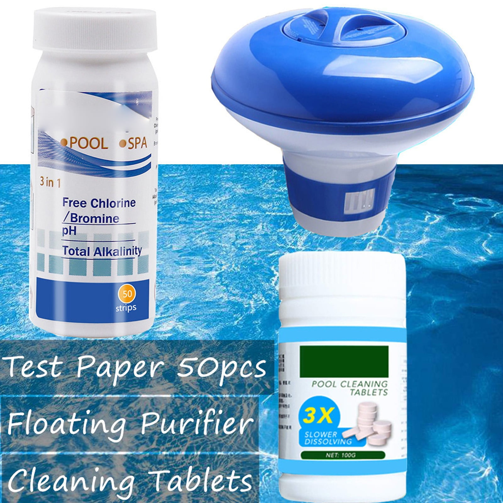 Pool Cleaning Tablets Test Strips Dispenser Set, 50 Test Strips For ...