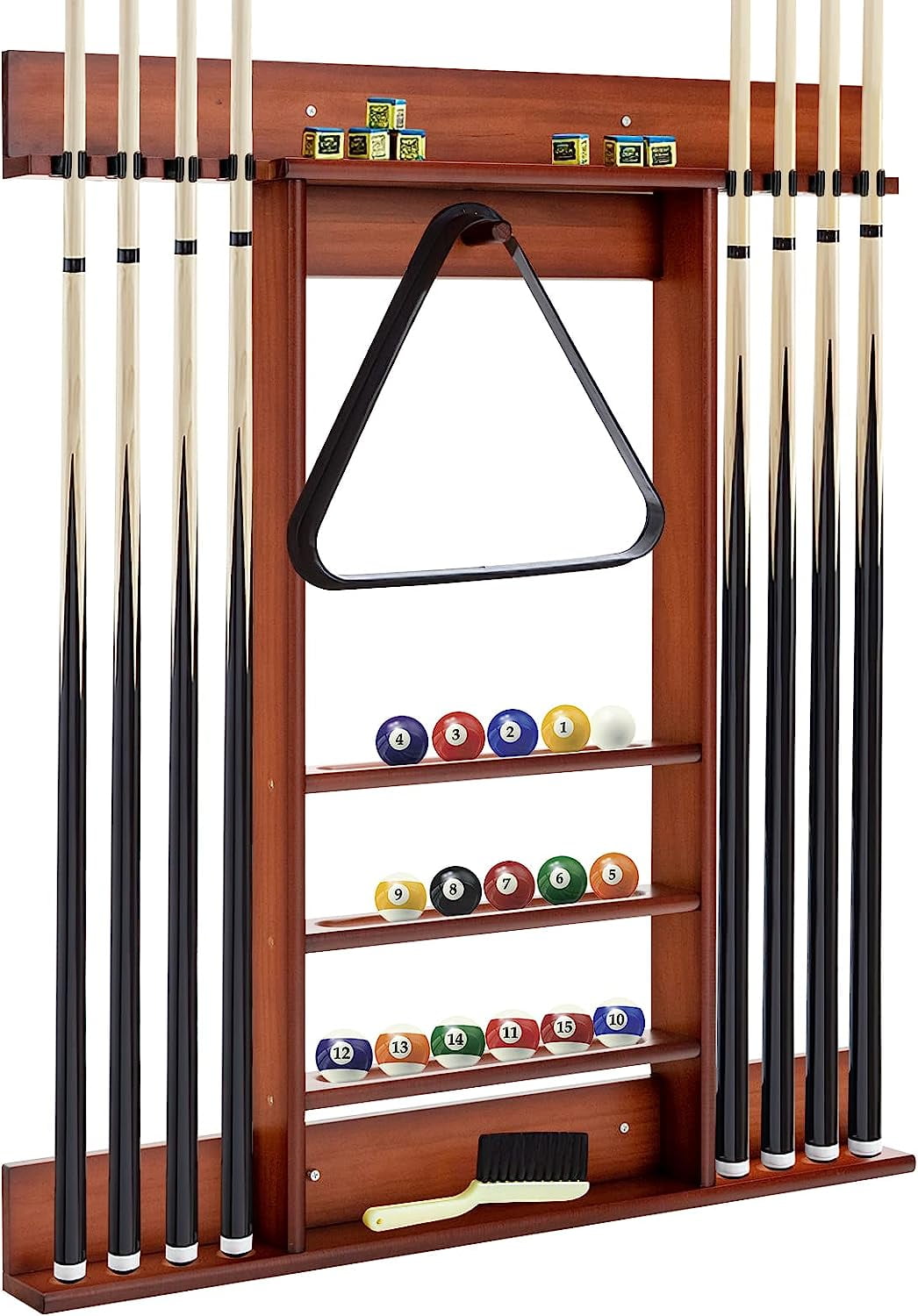 Pool Cue Rack, 8 Cue Wall-Mounted Pool Stick Holder with 15 Billiard ...