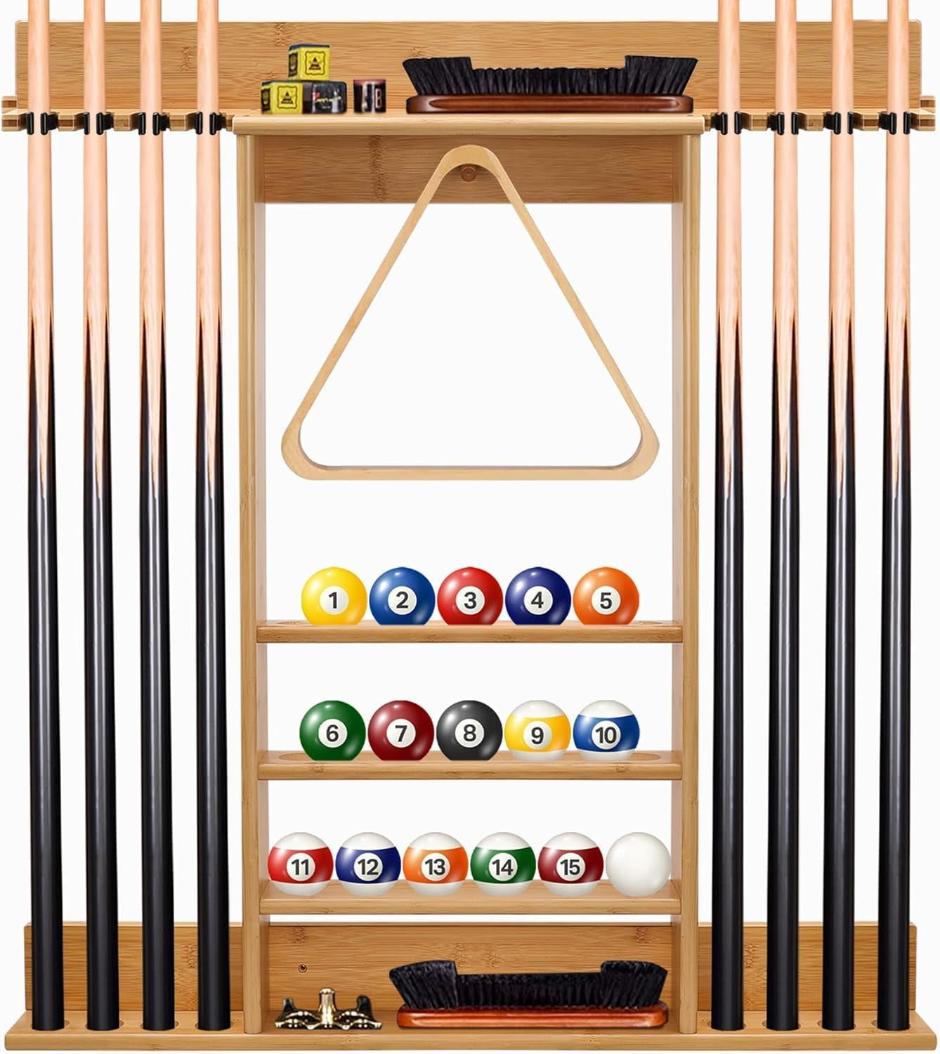 Pool Cue Rack, Bamboo Pool Sticks Holder Wall Mount, Holds 8 Cues and ...