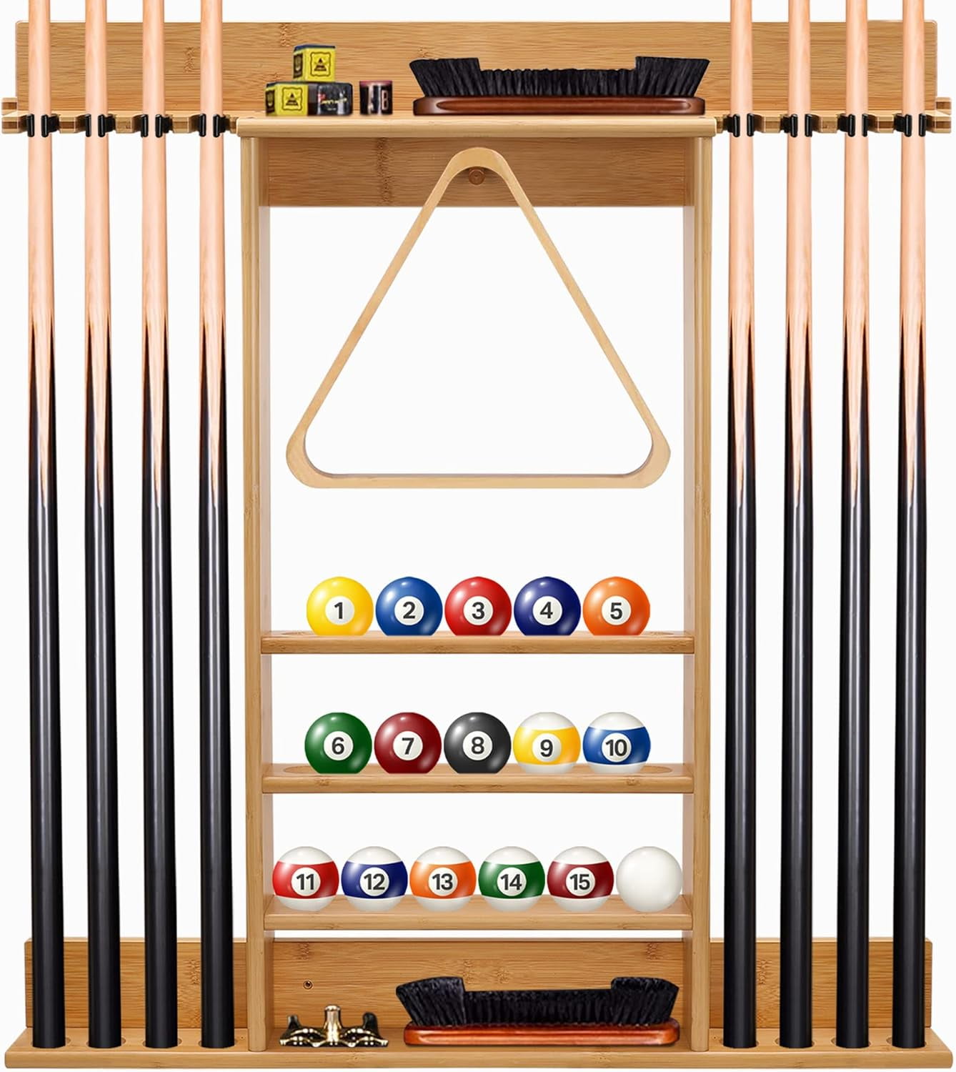 Pool Cue Rack, Bamboo Wall Mount Pool Sticks Holder, Holds 8 Cues and ...