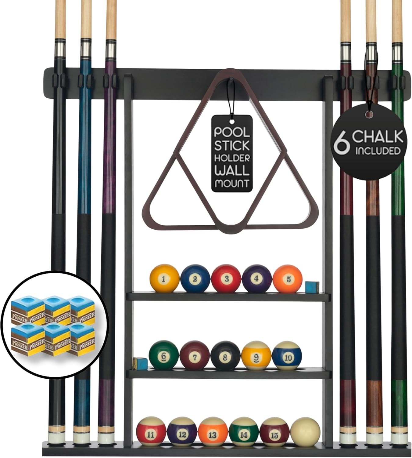 Pool Cue Rack - Pool Stick Holder Wall Mount With 16 Ball Holders & 6 ...