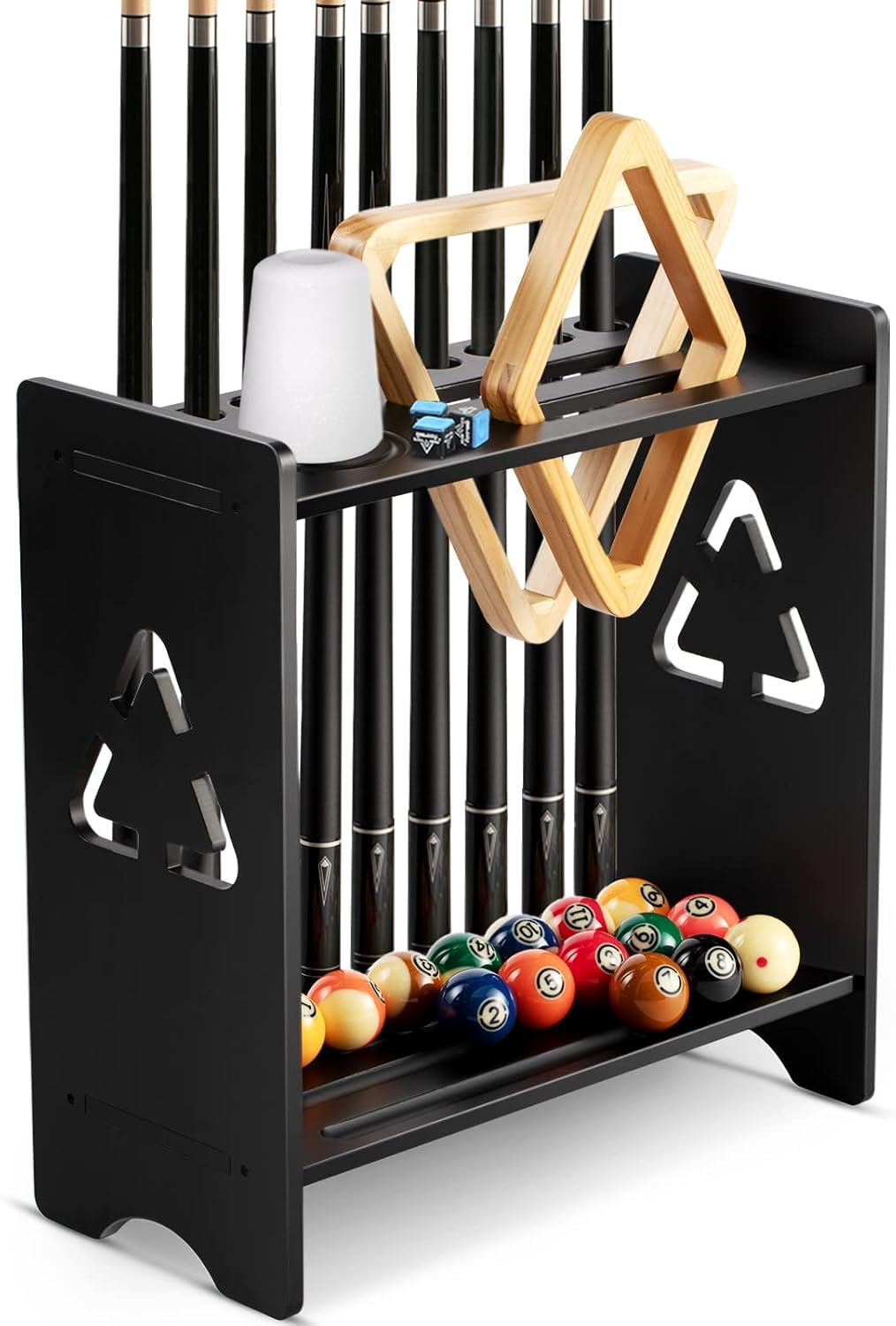 Pool Cue Rack Stand for Billiards - Solid Oak Wood Holds 9 Cues, Chalk ...