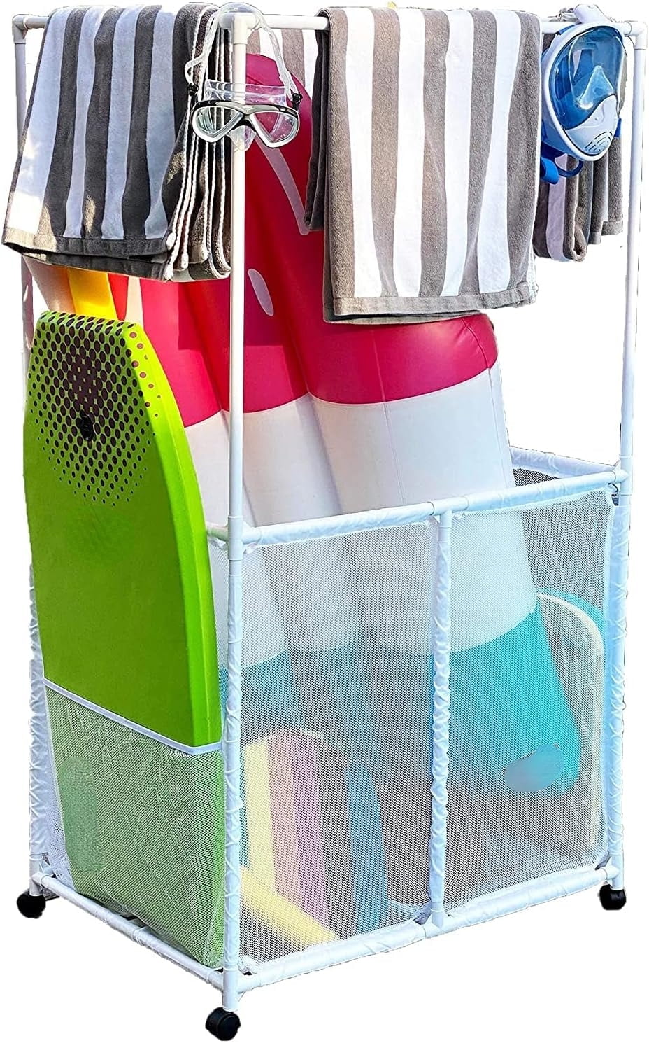 Pool Equipment Holder with Towel Drying Bars, Mesh Rolling Pool Storage ...