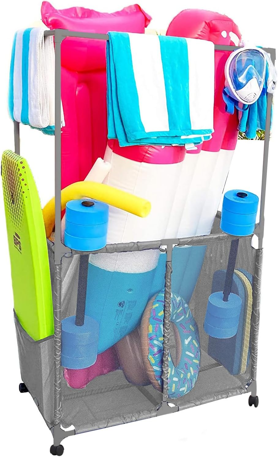 Pool Equipment Holder with Towel Drying Bars, Mesh Rolling Multi Use ...