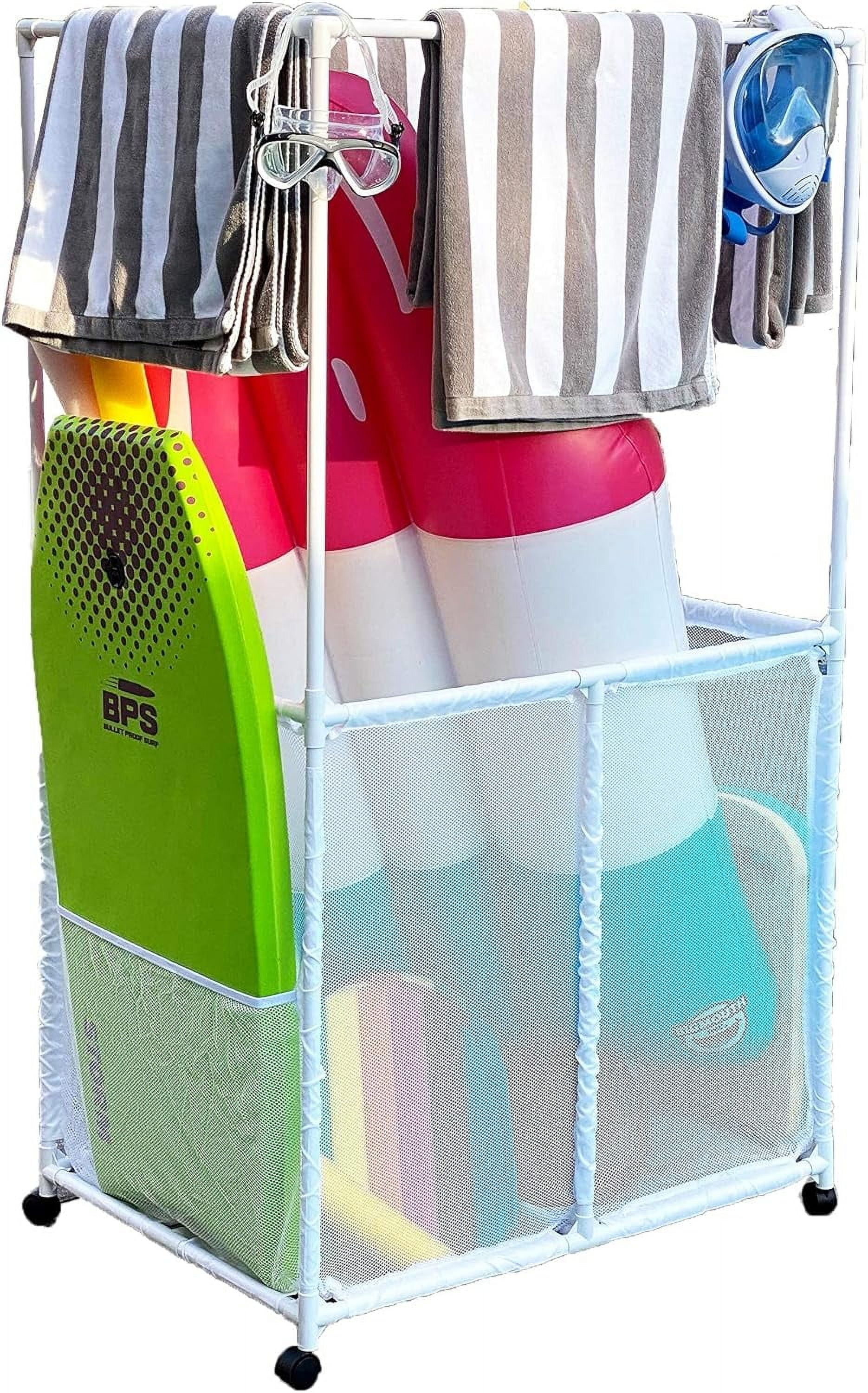 Pool Equipment Holder with Towel Drying Bars, Mesh Rolling Multi Use ...