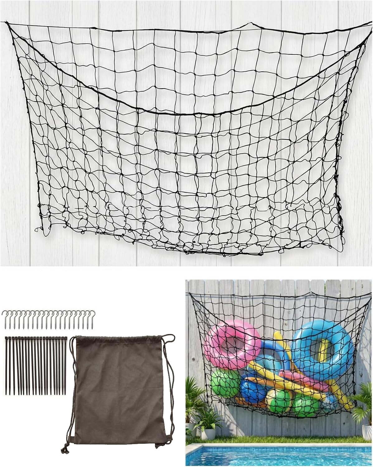 Pool Float Storage Net 71x41 Inch Large Mesh Organizer with 20 Hooks ...