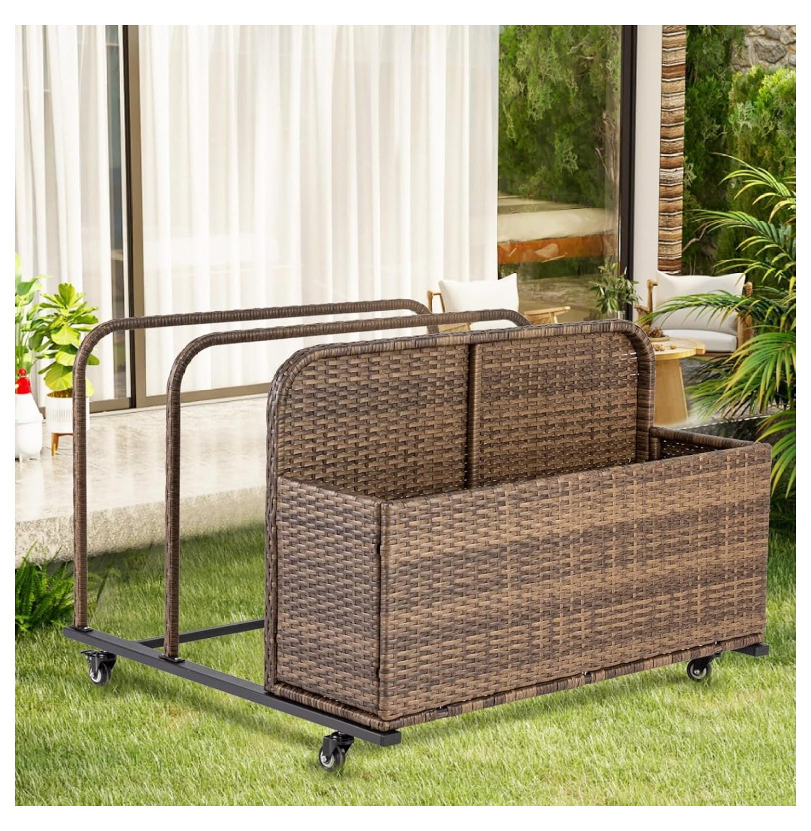 Pool Float Storage Organizer, Outdoor Rattan Caddy with Wheels & Basket ...