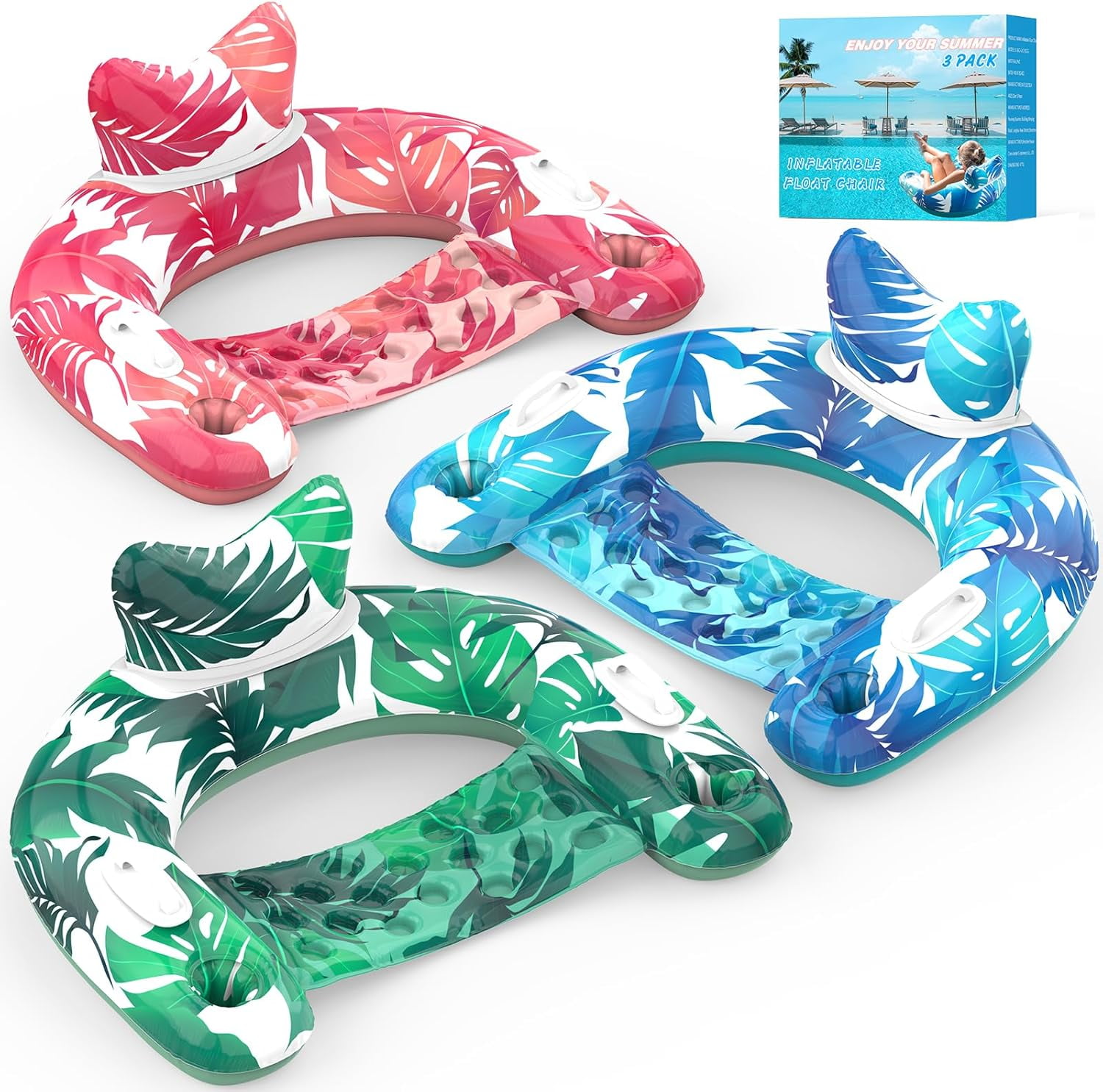Pool Floats, 3 Pack Inflatable Pool Float Chairs with Cupholders ...