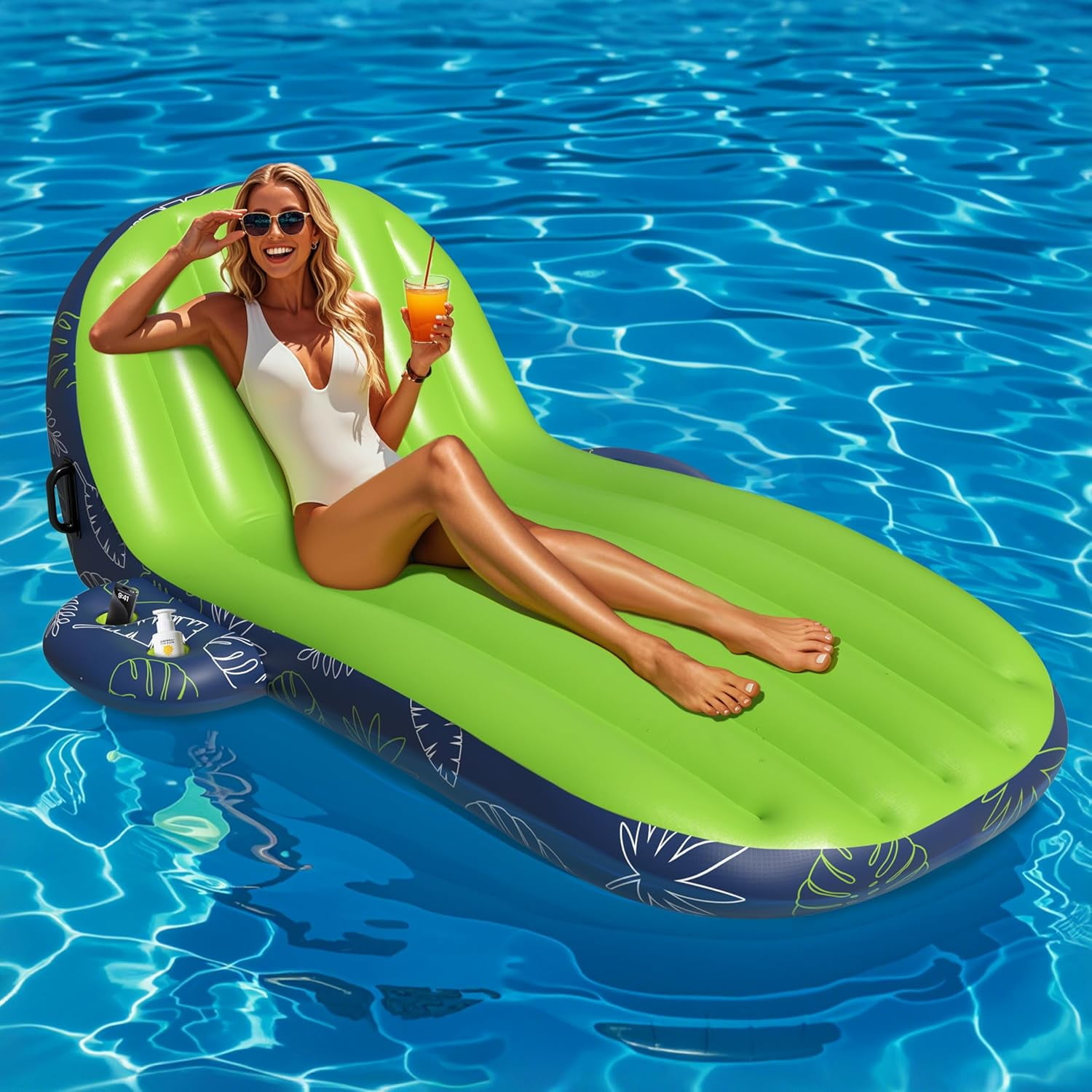 Pool Floats Adult Heavy Duty, Inflatable Pool Lounger Float with Cup Holder and Caddy, Extra ...