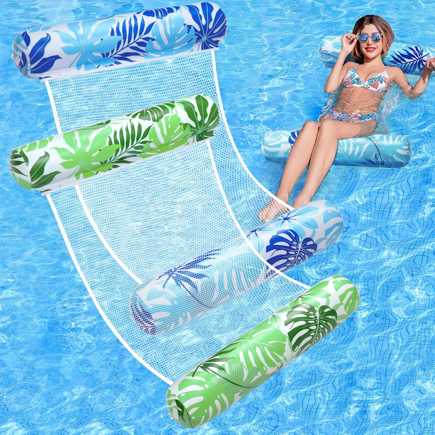 Pool Floats Adult, Pack Inflatable Pool Floats, Multi-Purpose Rafts Lounger Water Hammock for ...