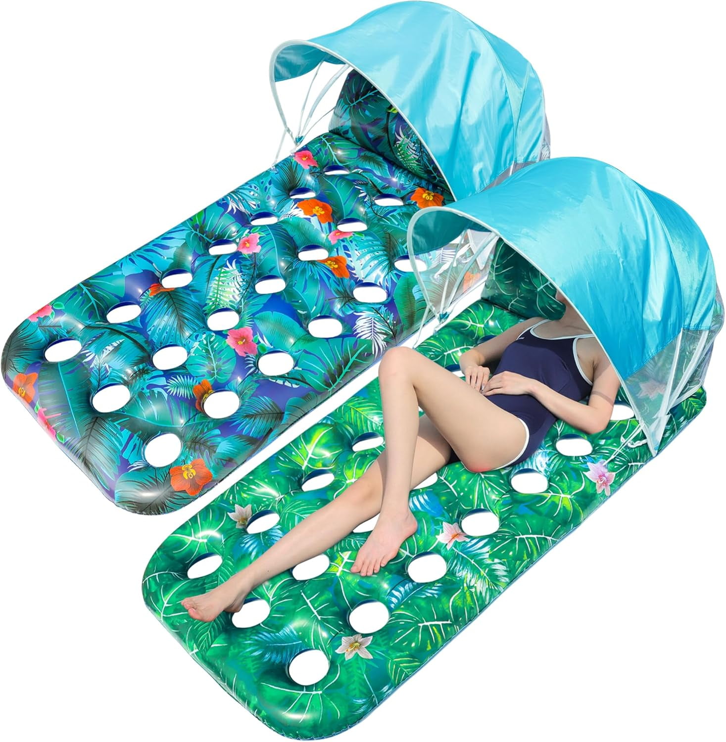 Pool Floats with Canopy Adults - 2 Pack Large Pool Lounger Float with ...