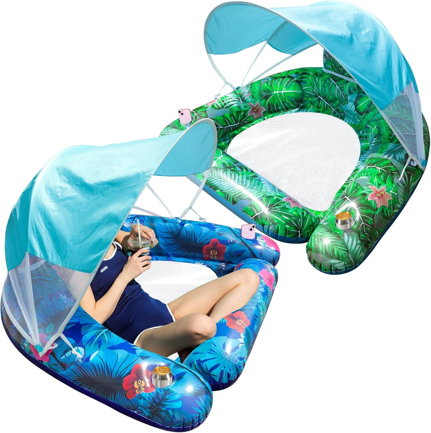 Pool Floats with Canopy Adults - 2 Pack XL Pool Chair Floats with Cup ...
