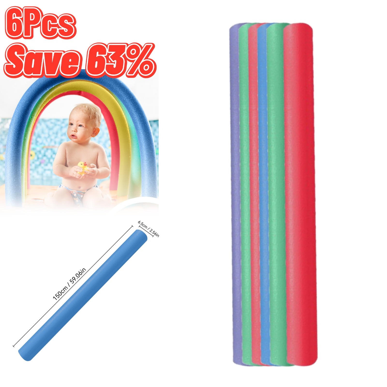Pool Noodle, 60 Inch Hollow Foam Pool Swim Noodle, Bright-Colored Foam ...