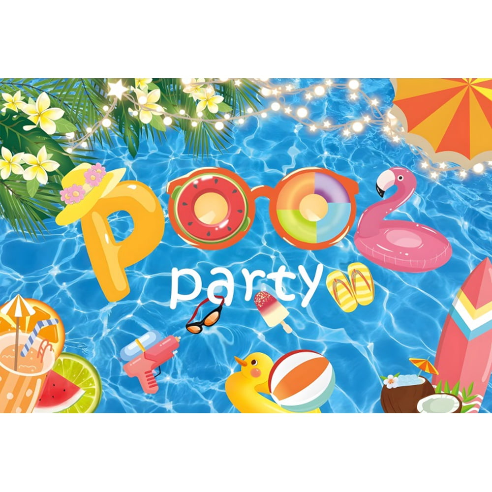 Pool Party Backdrop Hawaiian Tropical Summer Beach Balls Palm Tree ...