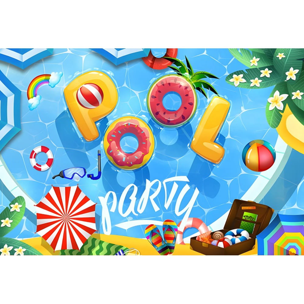 Pool Party Backdrop Hawaiian Tropical Summer Beach Balls Palm Tree ...