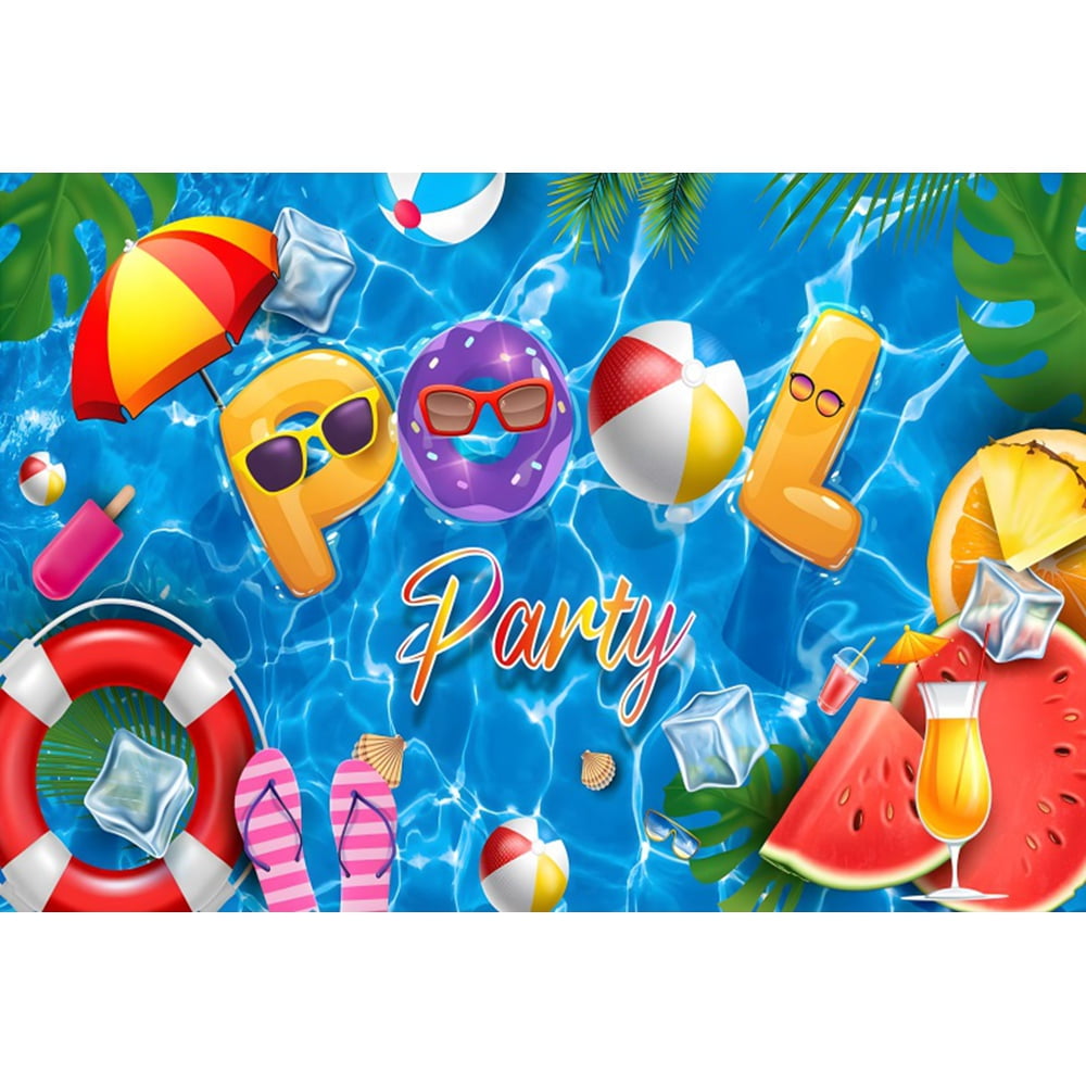 Pool Party Backdrop Hawaiian Tropical Summer Beach Balls Palm Tree ...
