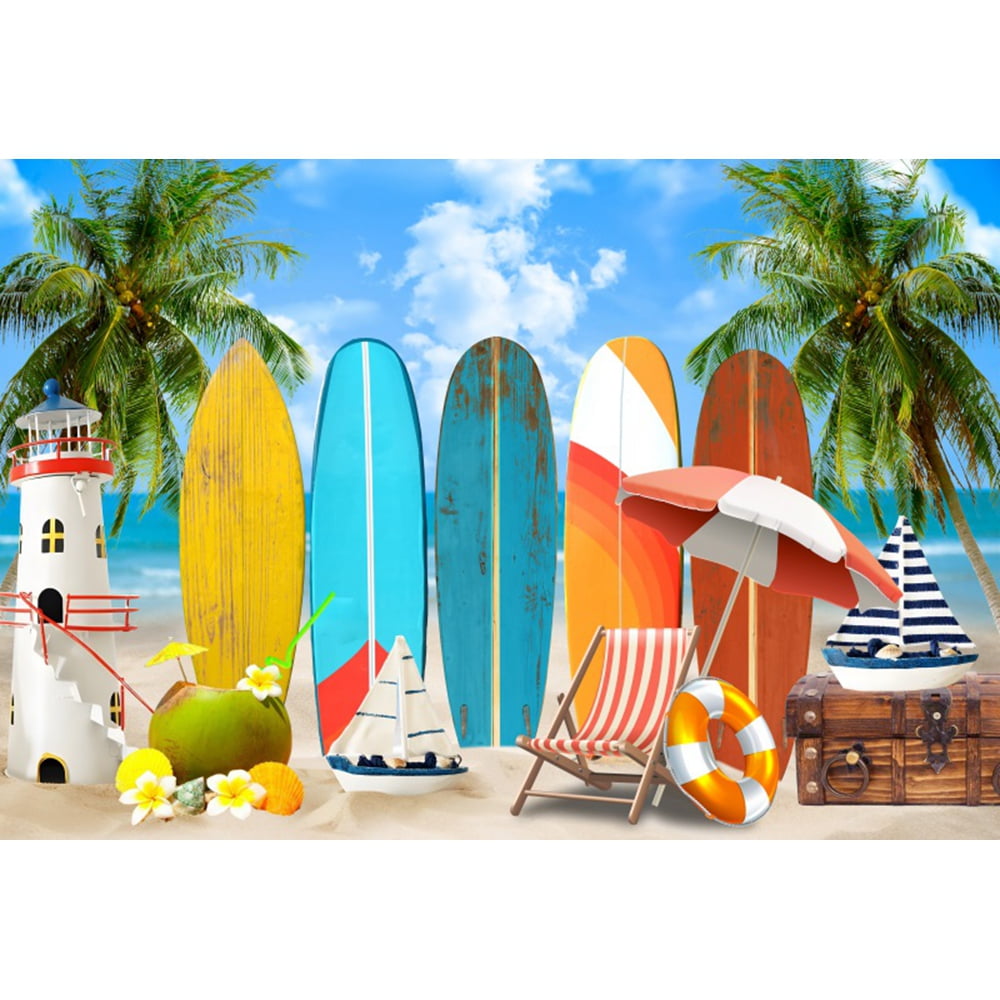 Pool Party Backdrop Hawaiian Tropical Summer Beach Balls Palm Tree ...