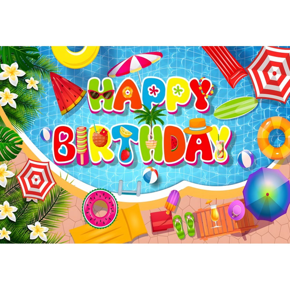 Pool Party Backdrop Hawaiian Tropical Summer Beach Balls Palm Tree ...