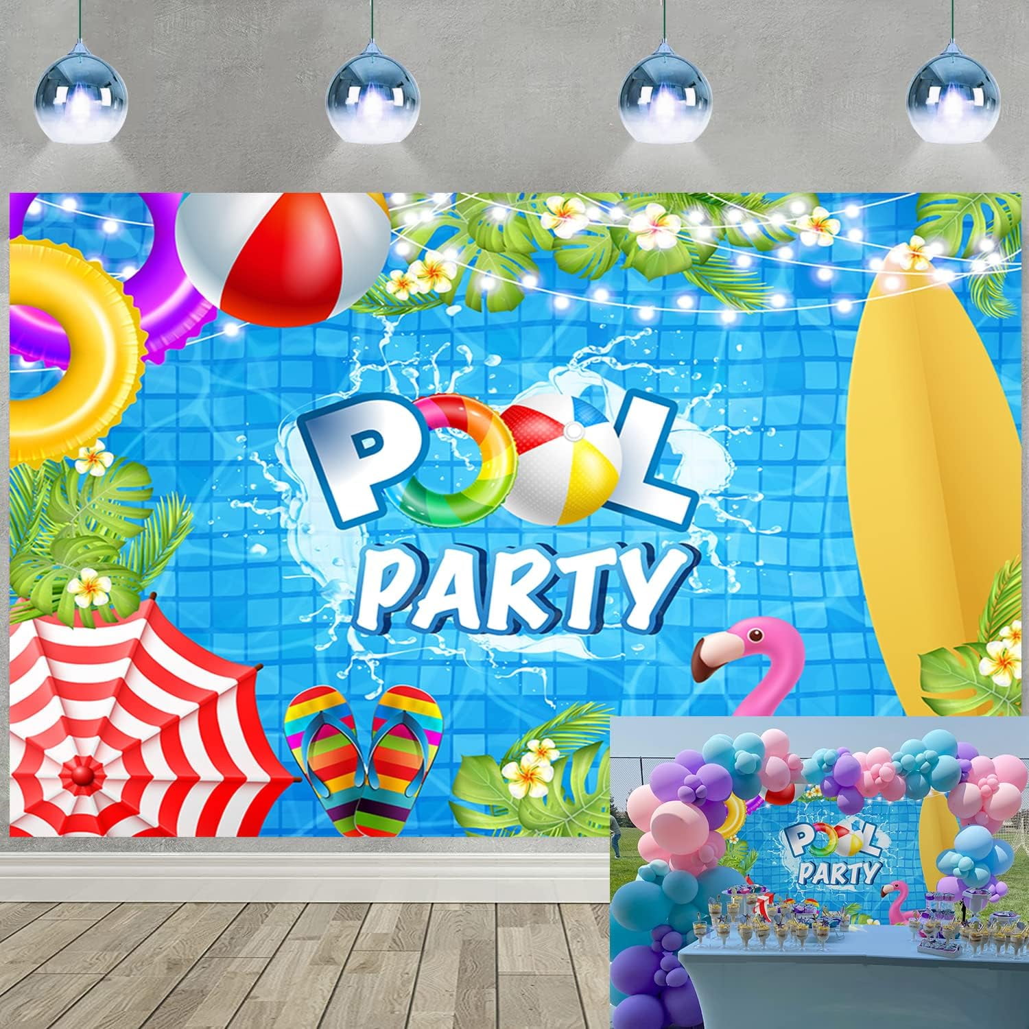 Pool Party Backdrop Summer Beach Ball Swim Ring Surfboard Tropical Palm ...
