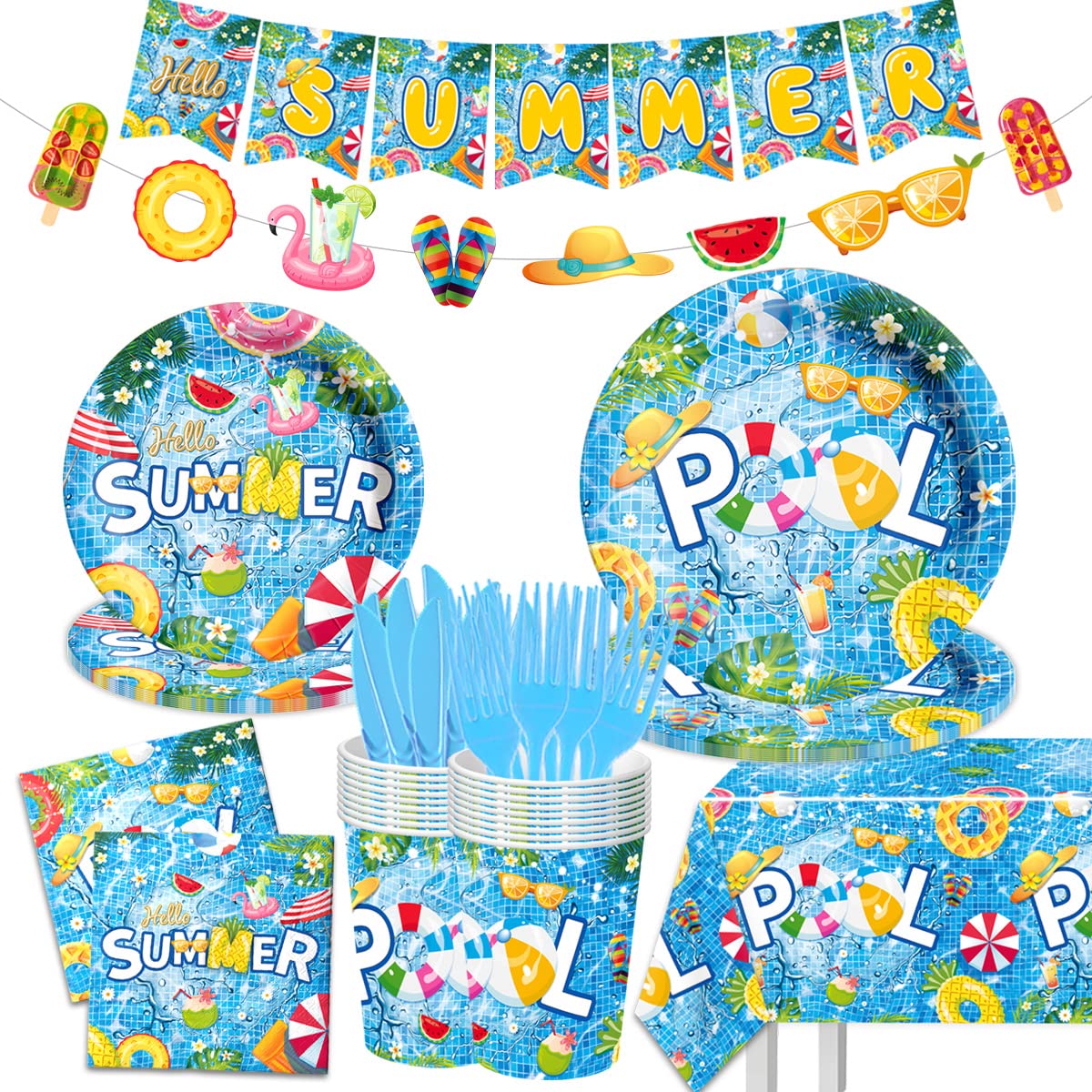 Pool Party Decoration-143PcsUMRT Summer Tableware Pool Hello Summer ...