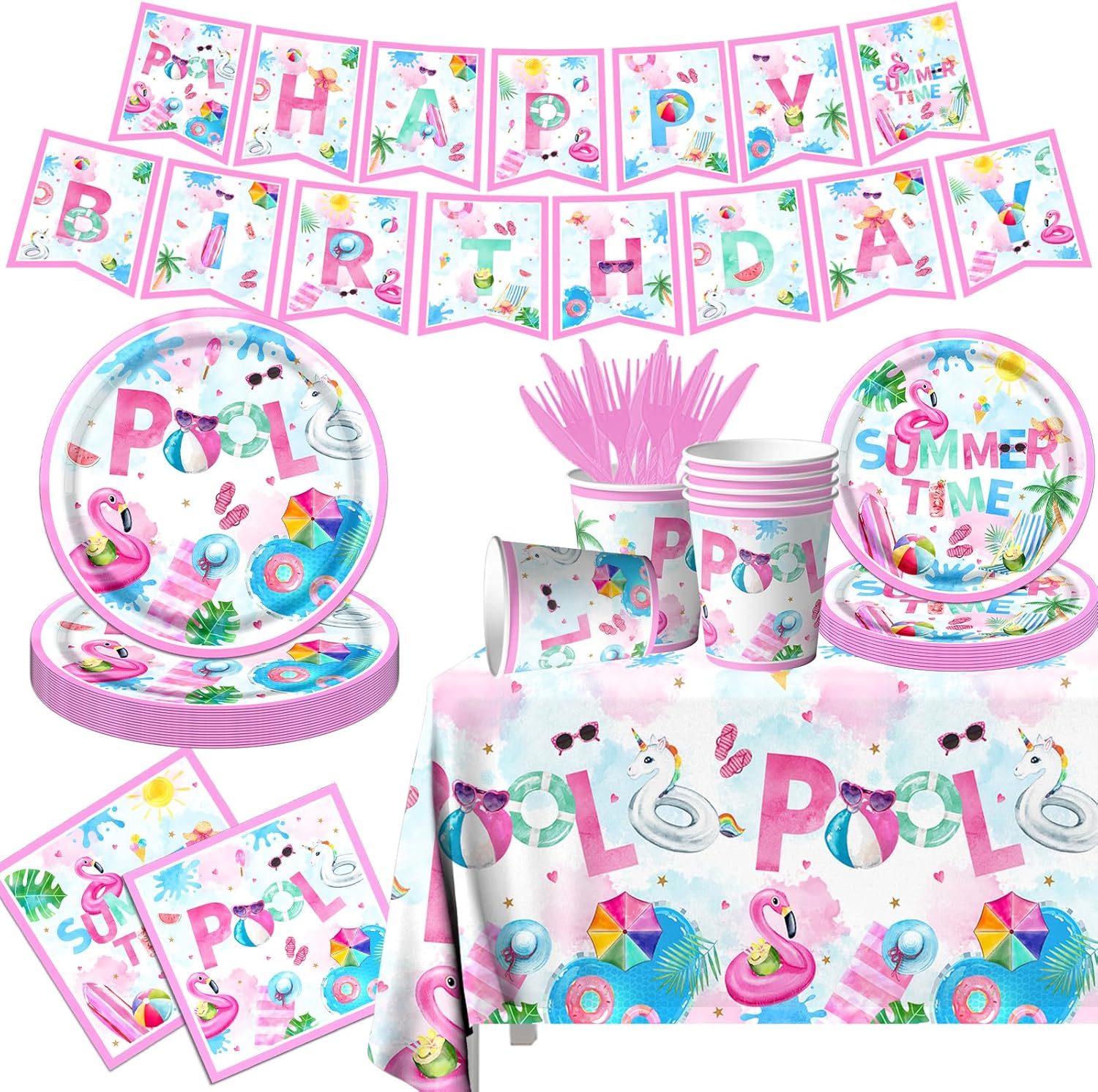 Pool Party Decorations,142pcs Pool Party Supplies Tableware Flamingo ...