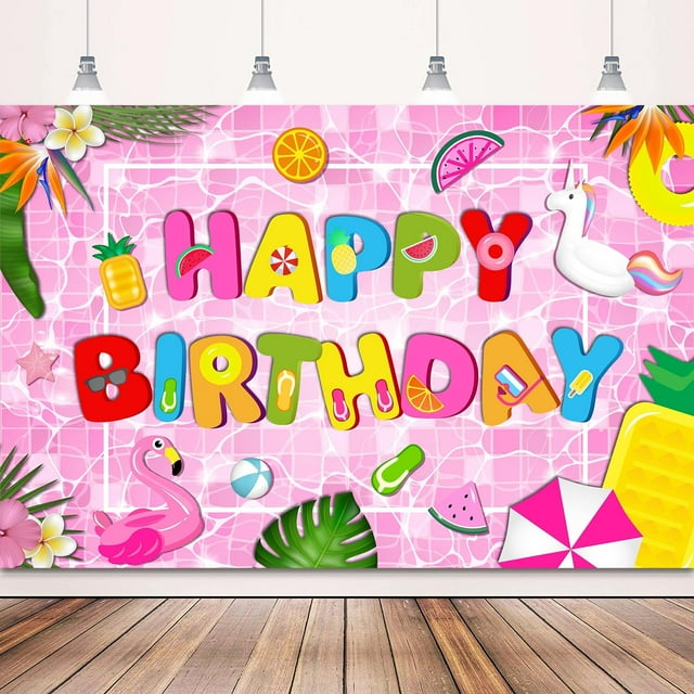 Pool Party Decorations, Pool Party Happy Birthday Backdrop Banner ...