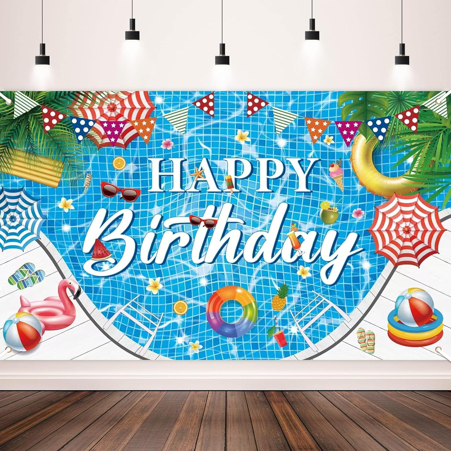 Pool Party Decorations Large Pool Happy Birthday Party Backdrop Banner ...
