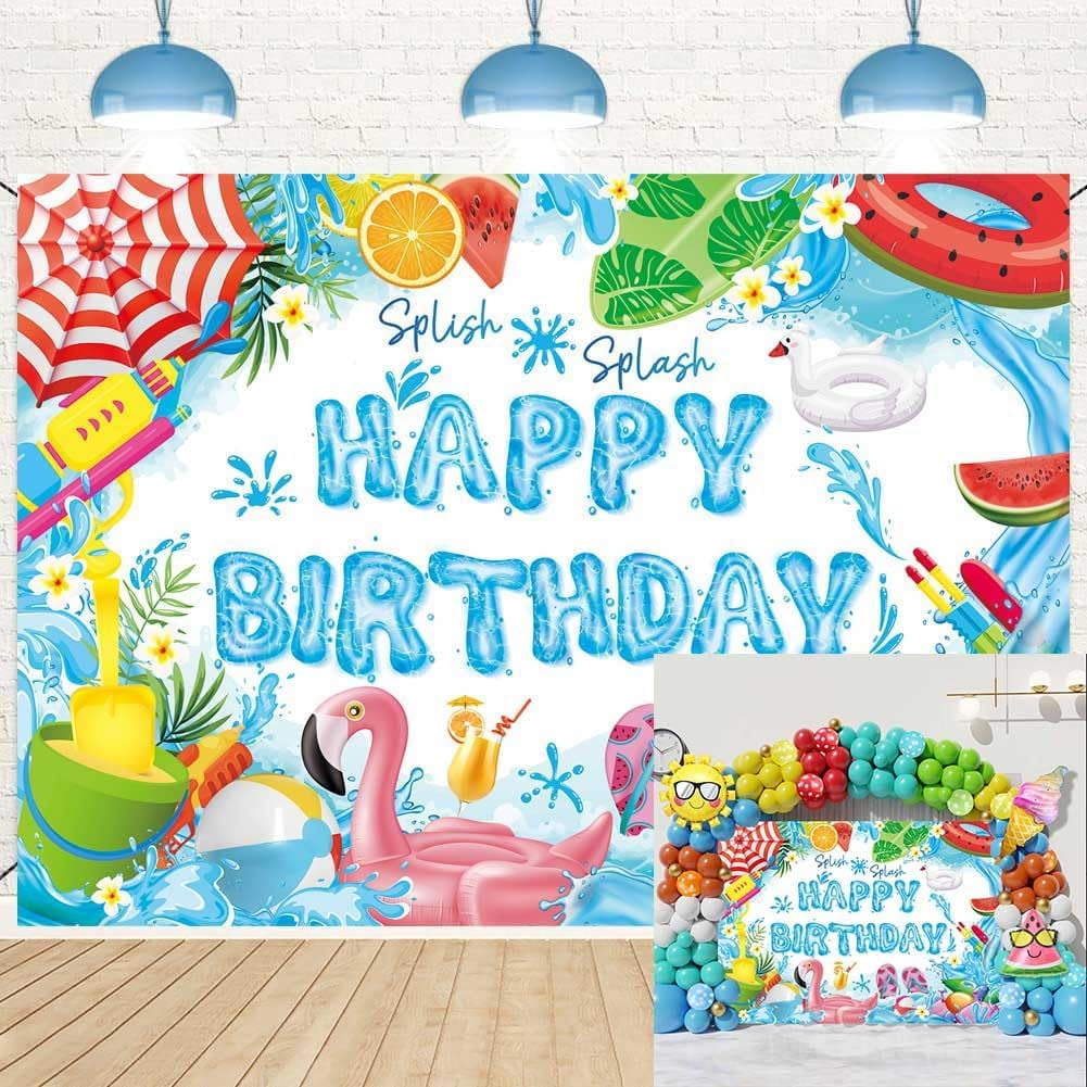 Pool Party Happy Birthday Beautiful Banner Backdrop Splash Summer ...