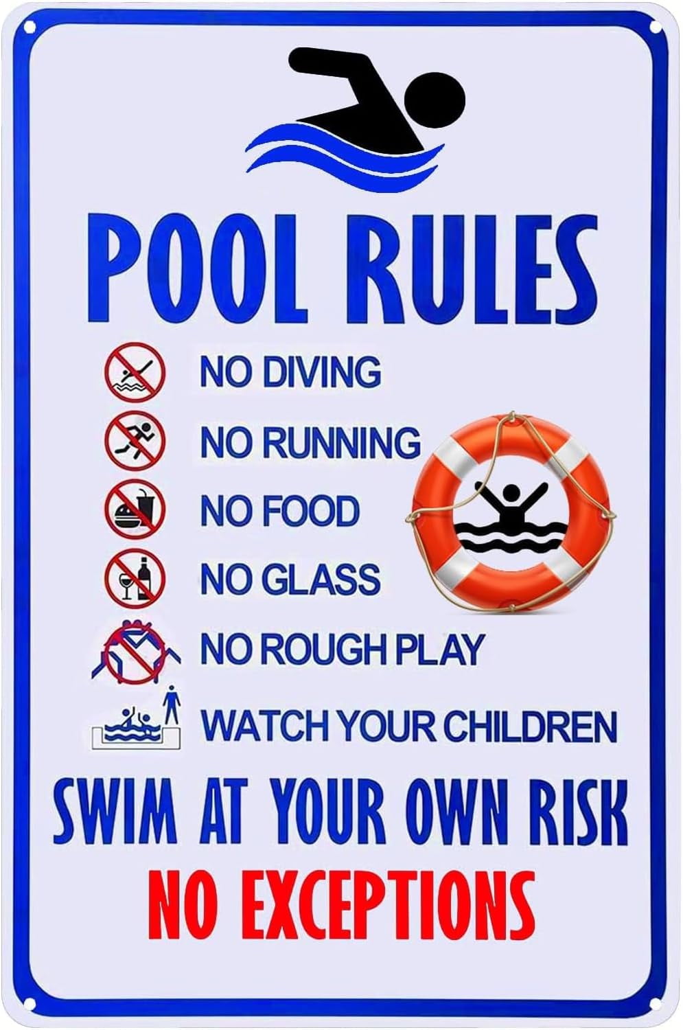 Pool Rules Metal Sign,Swim at Your Own Risk No Exceptions Swimming ...