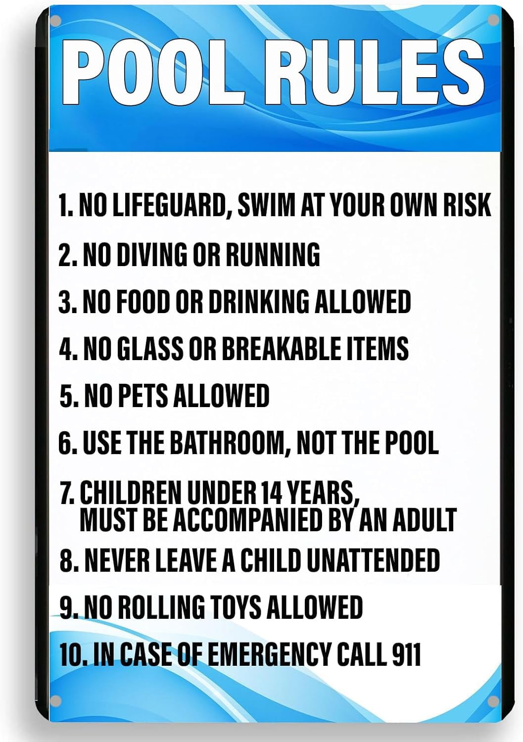 Pool Rules Metal Tin Sign,No Lifeguard On Duty Swim At Your Own Risk ...