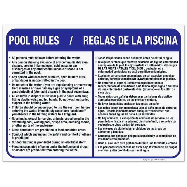 Pool Rules Sign, Bilingual English Spanish, - Walmart Business Supplies
