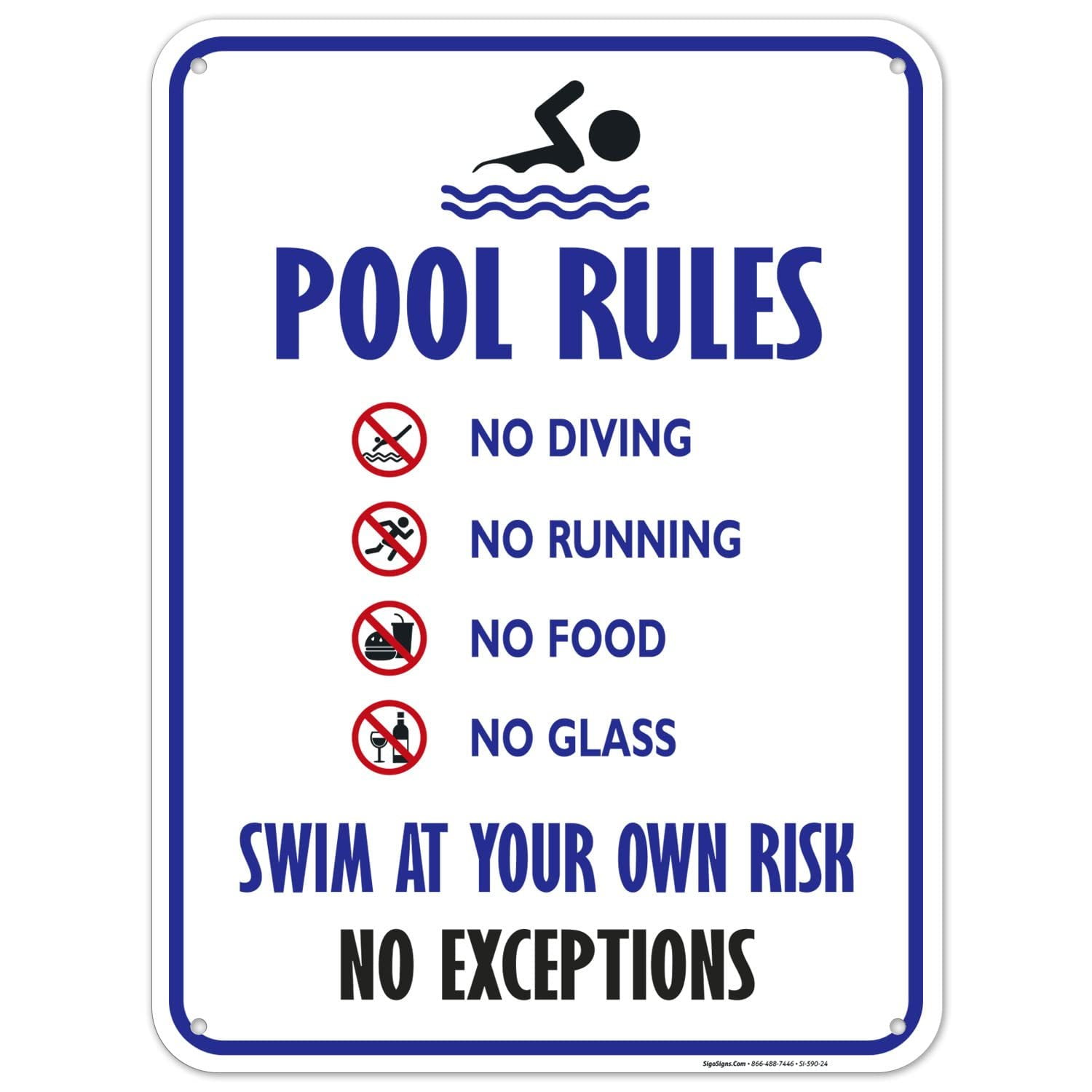 Pool Rules Sign, No Diving No Running No Food No Glass, 18x24 Inches ...