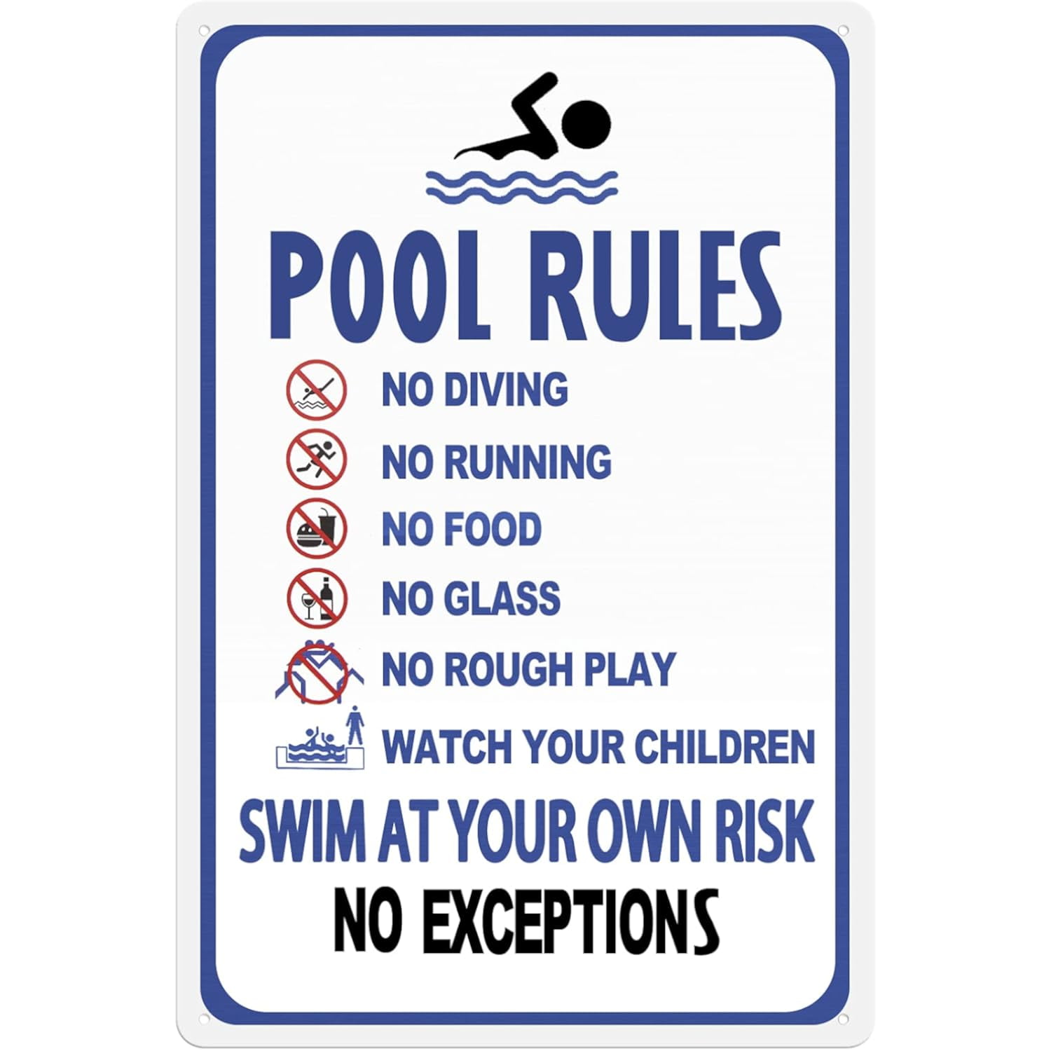 Pool Rules Sign, No Diving No Running Metal Tin Sign Aluminum Warning ...