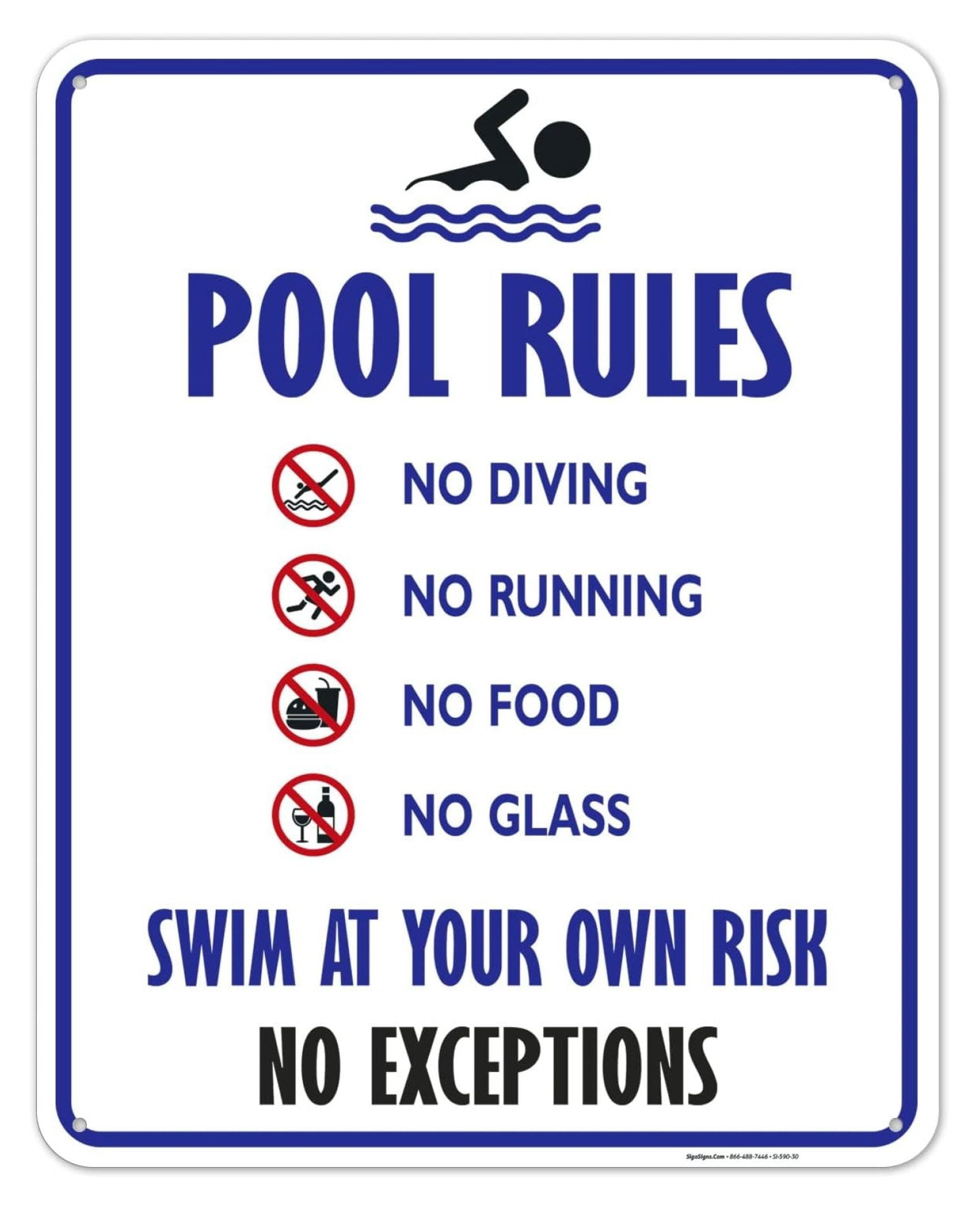 Pool Rules Sign, No Diving No Running No Food No Glass, 24x30 Inches ...