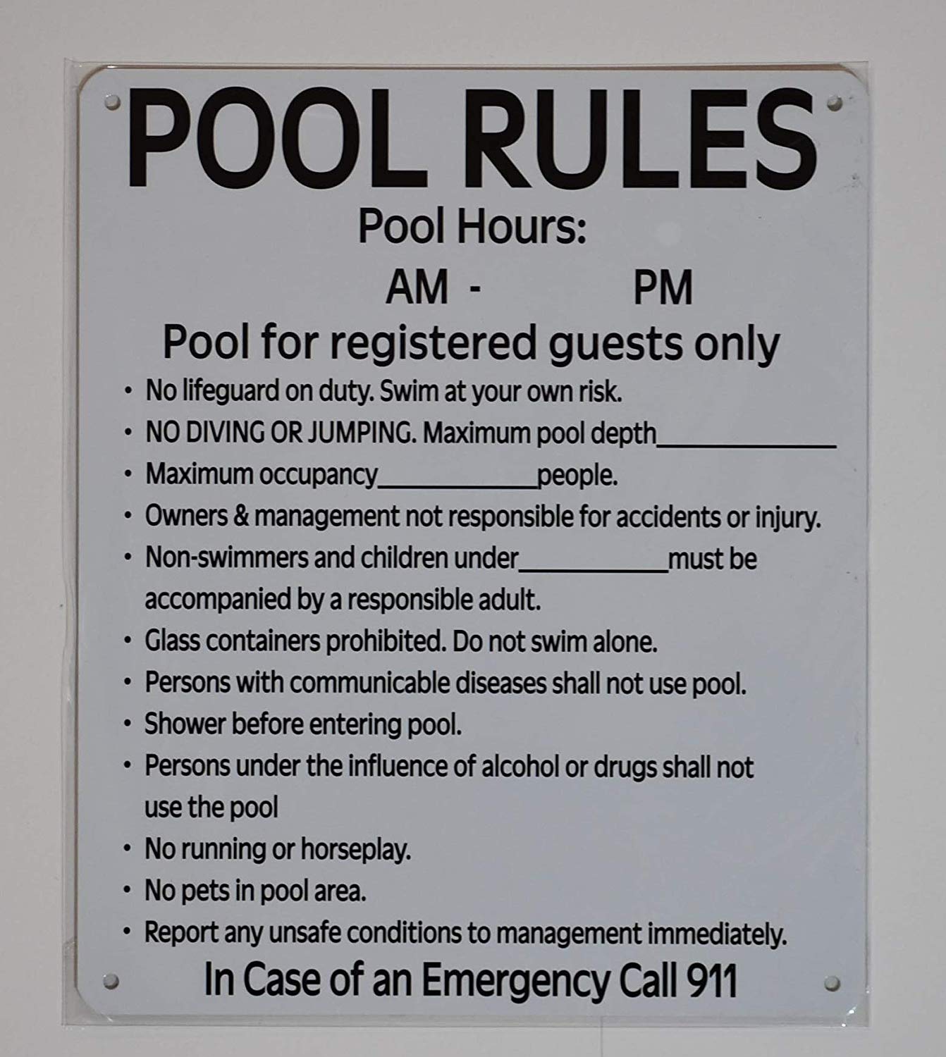 Pool Rules and Pool Hours Sign (White, Rust Free Aluminium 10x12, with ...