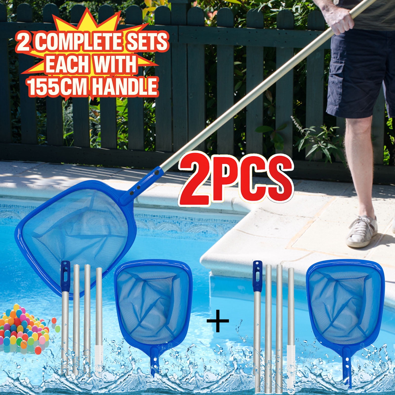 Pool Skimmer Net Set – 2PCS, 155cm Telescopic Poles, Fine Mesh Scoop ...