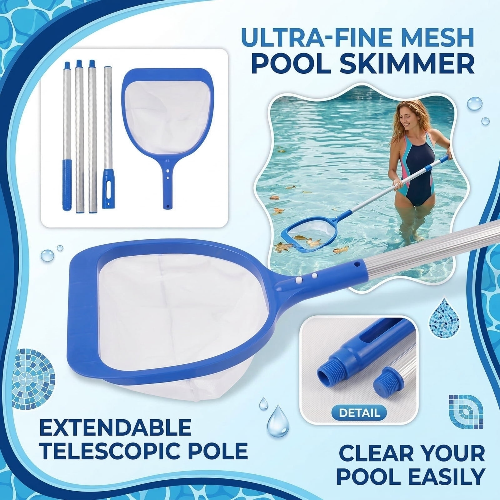Pool Skimmer NetwithPole, Pool Leaf Skimmer, 4 Piece Telescopic ...