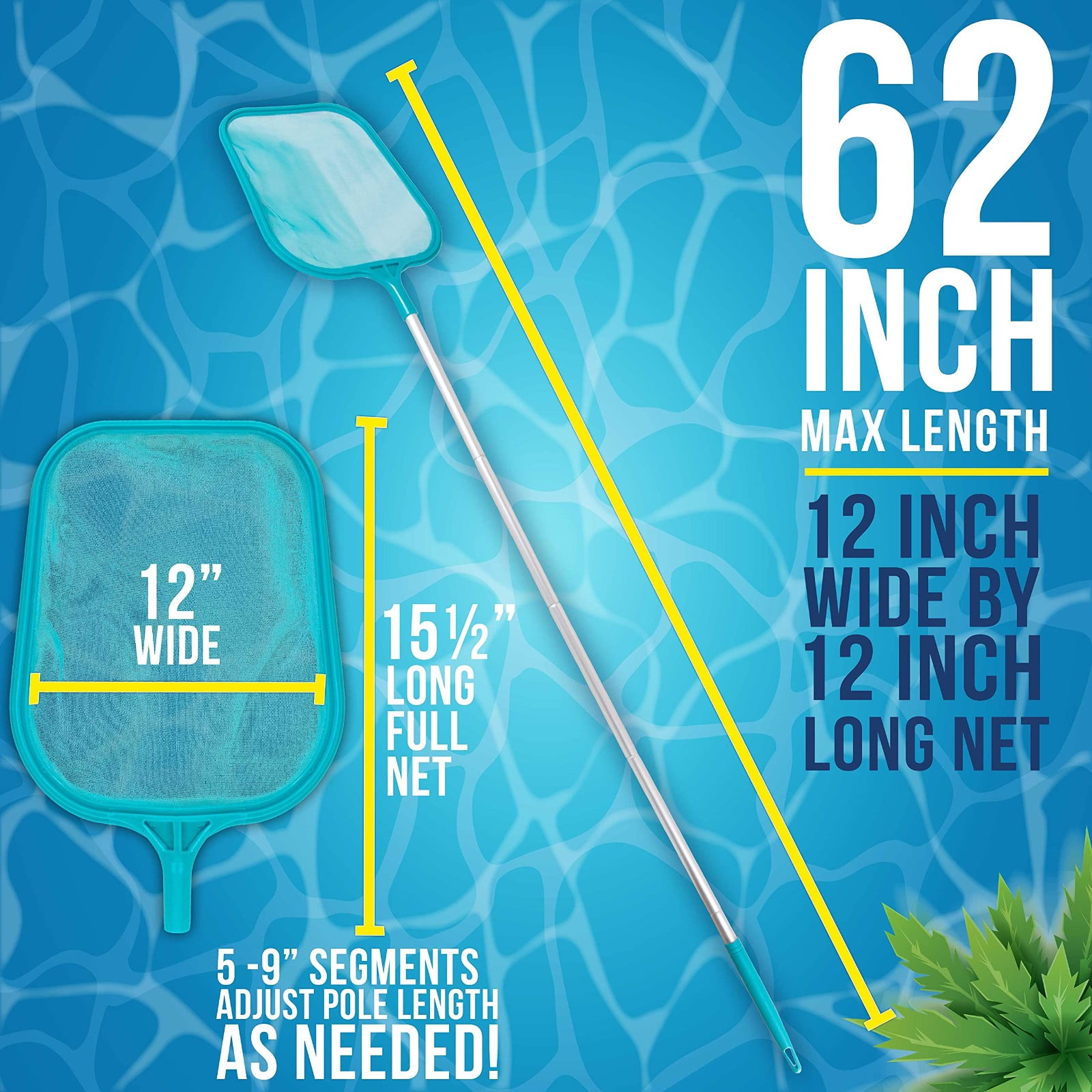 Pool Skimmer, Pool Net with Pole, Pool Net with 5 Section Pole, 62 inch ...