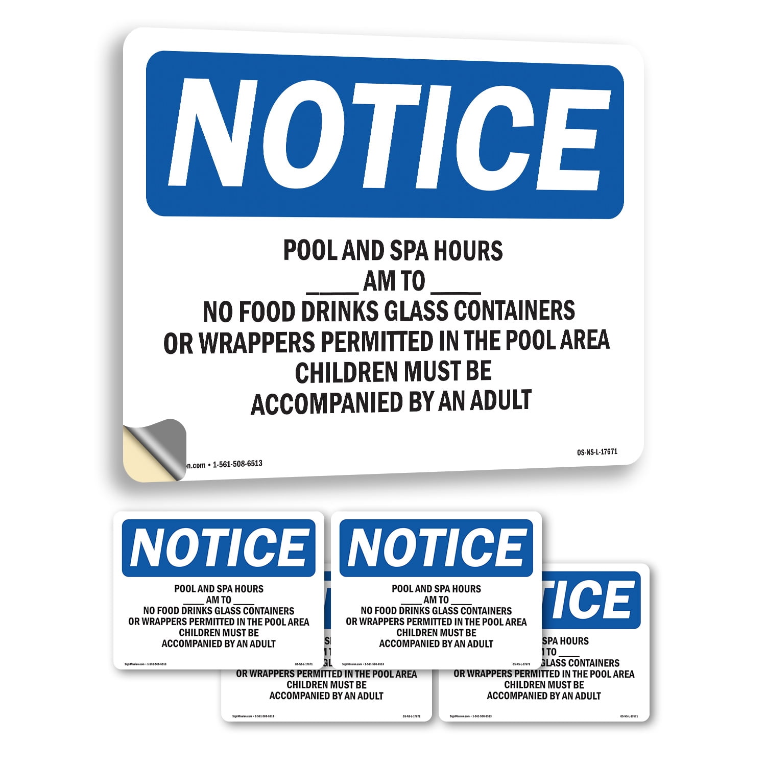 Pool & Spa Hours ____ Am To ____ Pm No Food OSHA Notice Vinyl Decal ...