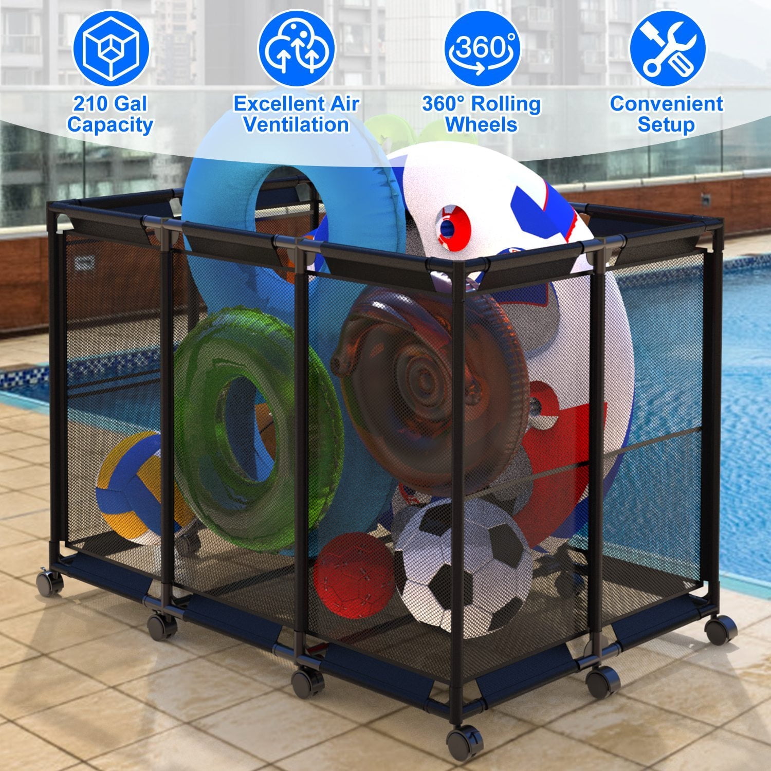 Pool Storage Bin 210 Gallon for holding swimming equipment Holder Mesh ...