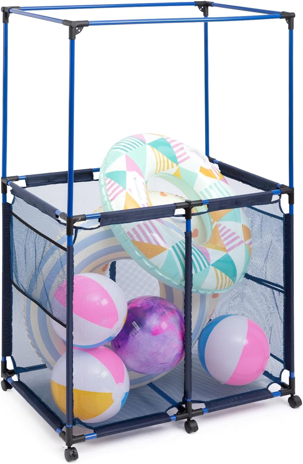 Pool Storage Bin with Rack, Rolling Mesh Basket Organizer, Metal Frame ...