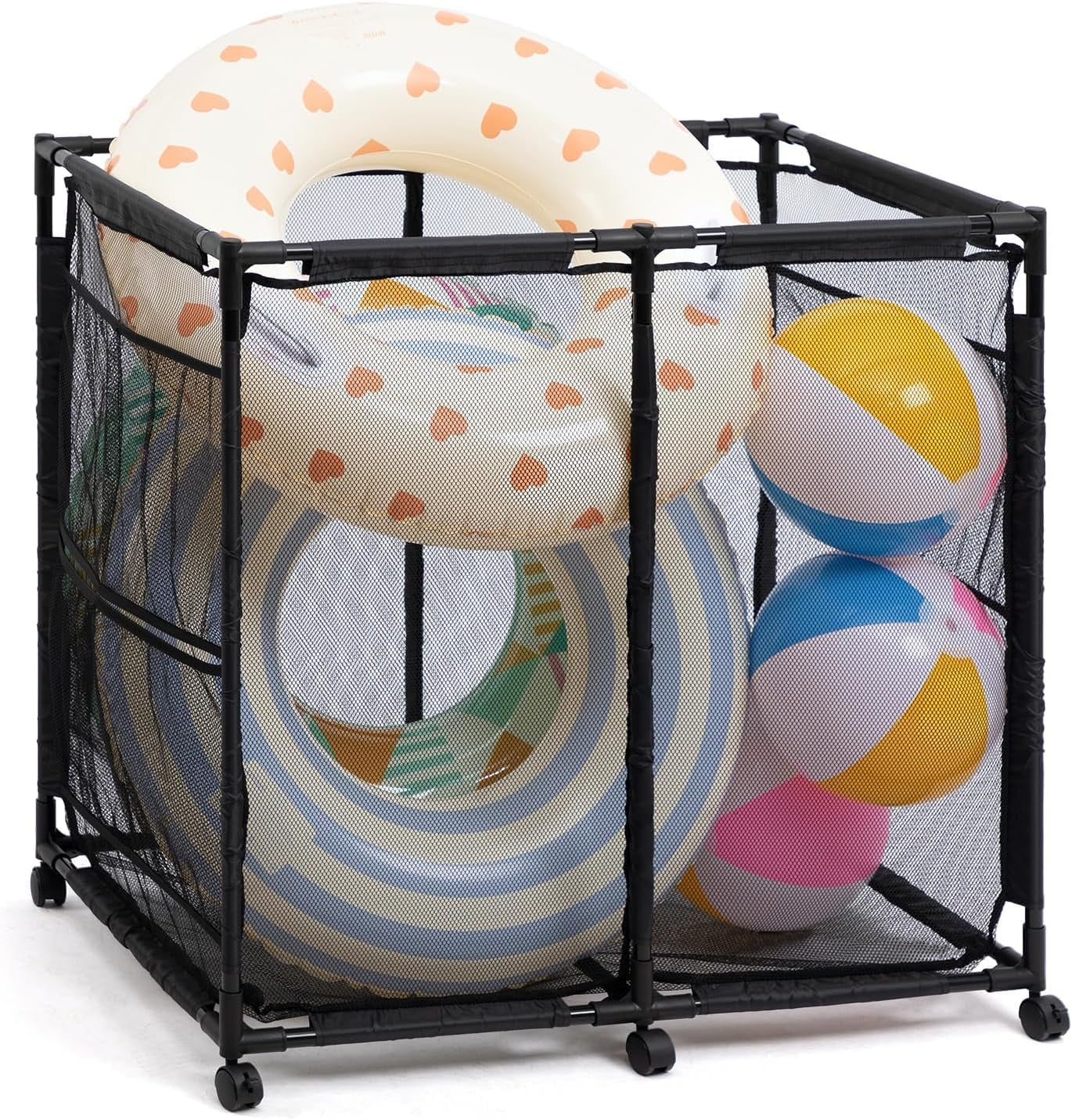 Pool Storage Bin, Rolling Mesh Basket Organizer, Metal Frame Container ...