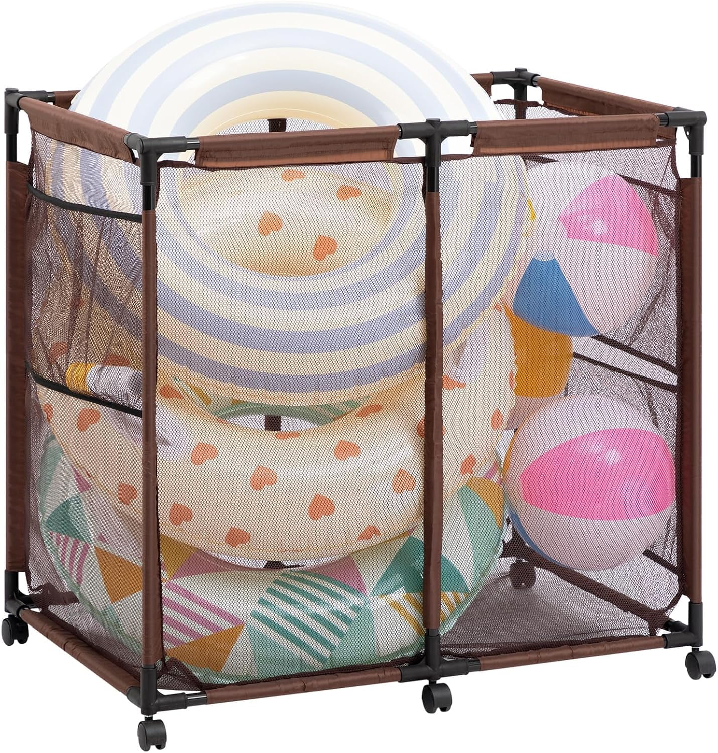 Pool Storage Bin, Rolling Mesh Basket Organizer, Metal Frame Container ...