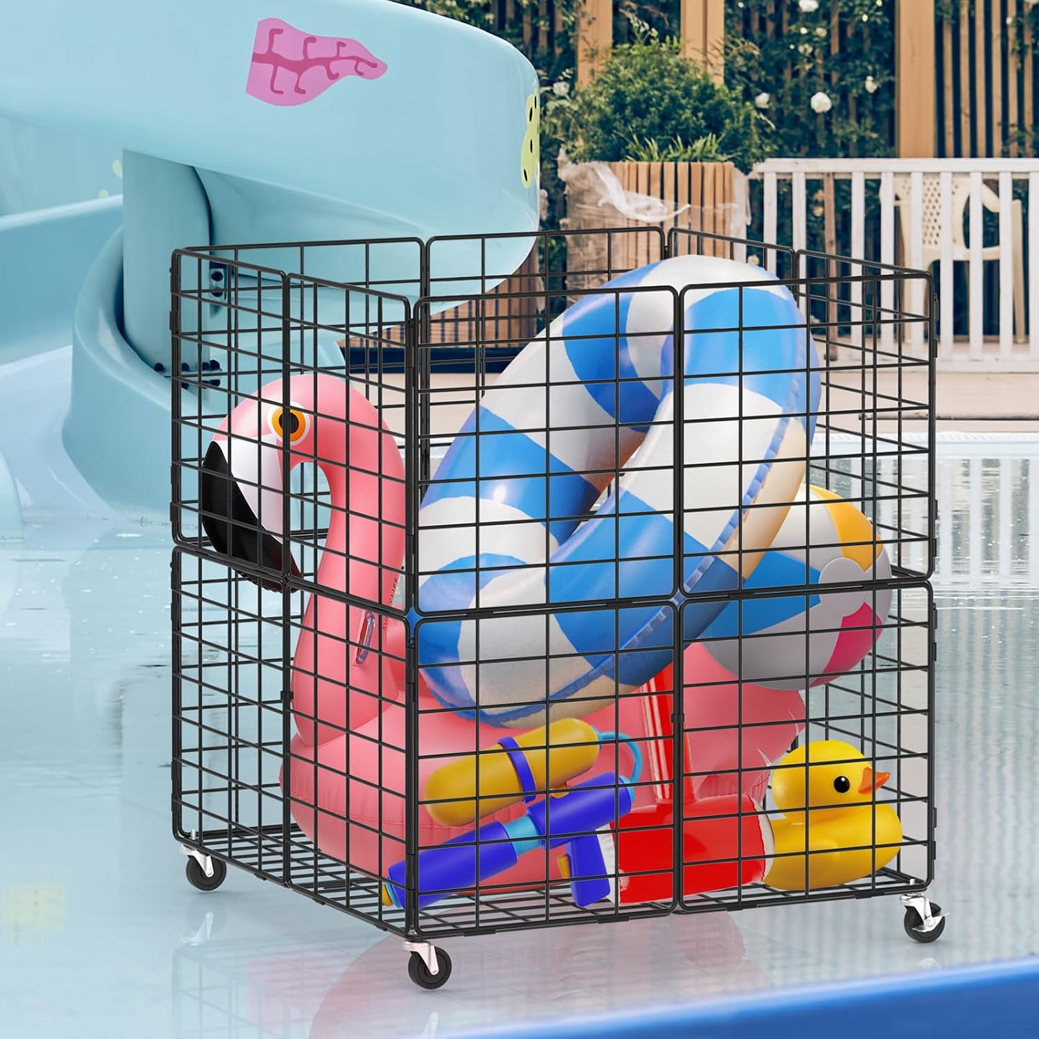 Pool Storage Bin with Rolling Wheels, Metal Frame Sturdy Connector ...