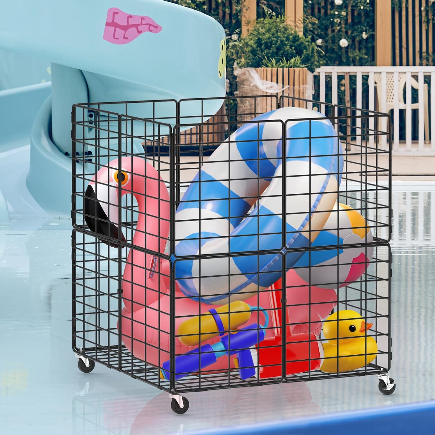 Pool Storage Bin with Rolling Wheels, Metal Frame Sturdy Connector ...