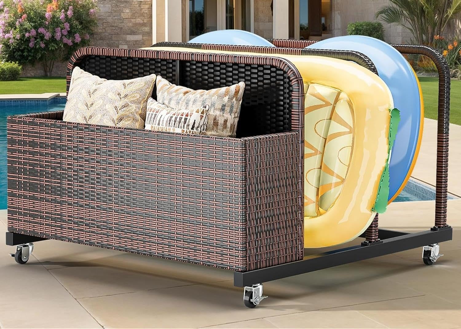 Pool Storage, Wicker Pool Float Holder with Lockable wheels,Pool ...