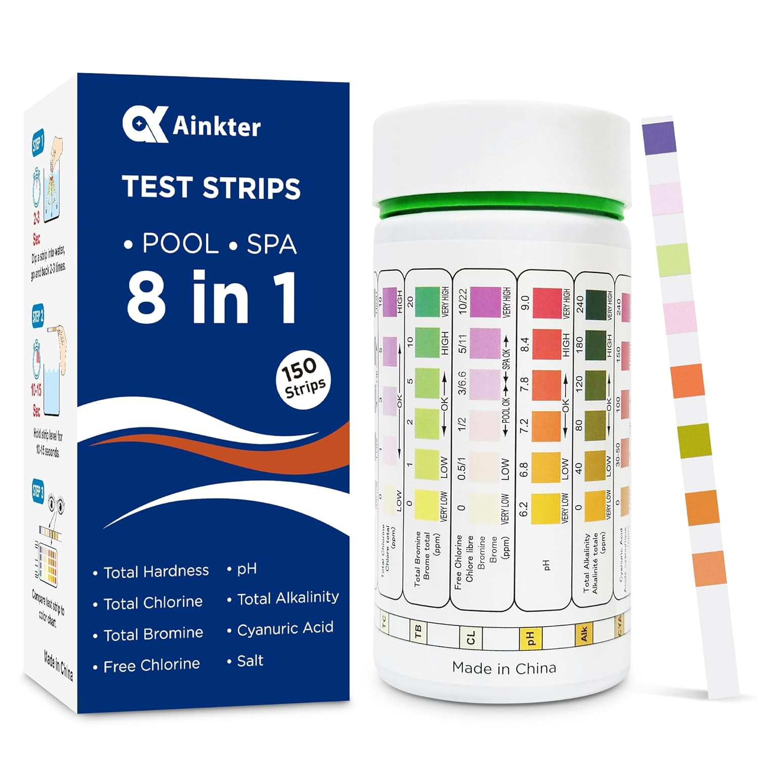 Pool Test Strips:8-in-1 Pool Test Kit,150 Hot Tub Test Strips for Above ...