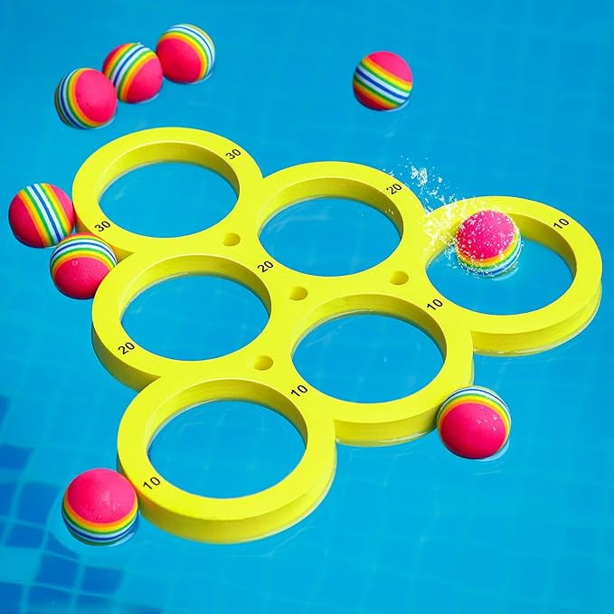 Pool Toss Game with Scoring Rings, 6 Foam Floats with 12 Colorful Balls ...